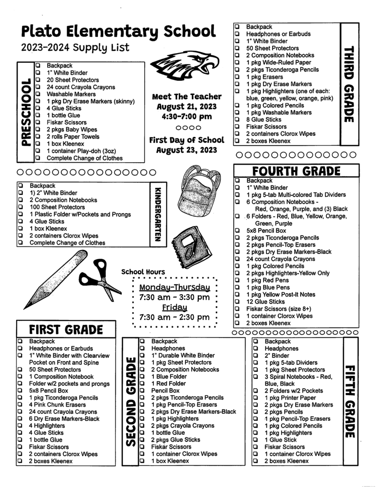 Elementary Supply List 2023 2024 Plato R V Schools